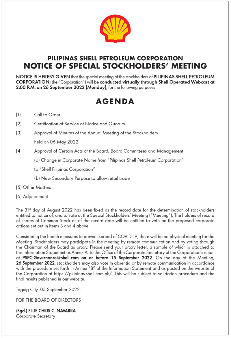 Pilipinas Shell Petroleum Corporation: Notice of Special Stockholders ...