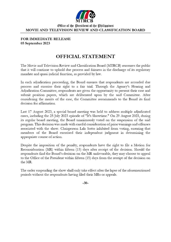 MTRCB says chairperson Lala Sotto was not involved in voting for 'It's ...