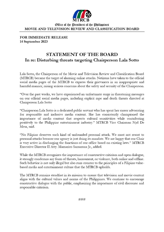 MTRCB denounces 'disturbing' online attacks against its chair Lala ...