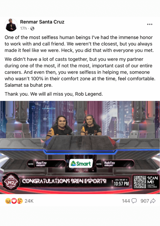 Esports community mourn the passing of Mobile Legends caster Rob Luna ...