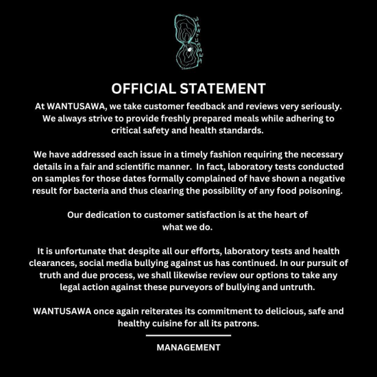 Wantusawa oyster bar dismisses food poisoning claims; 'reviews options ...