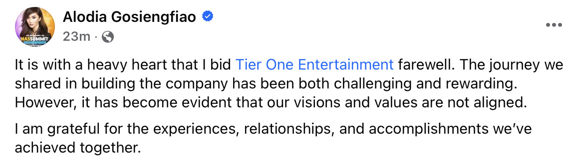 Alodia Gosiengfiao announces departure from Tier One Entertainment due ...