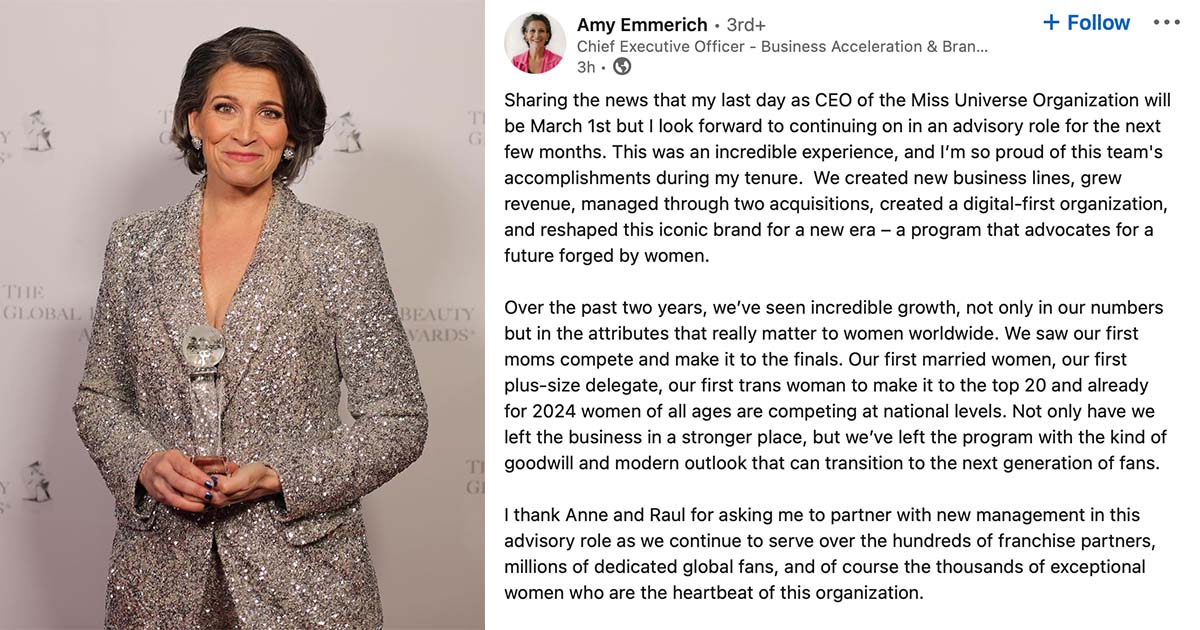Amy Emmerich steps down as Miss Universe CEO • PhilSTAR Life
