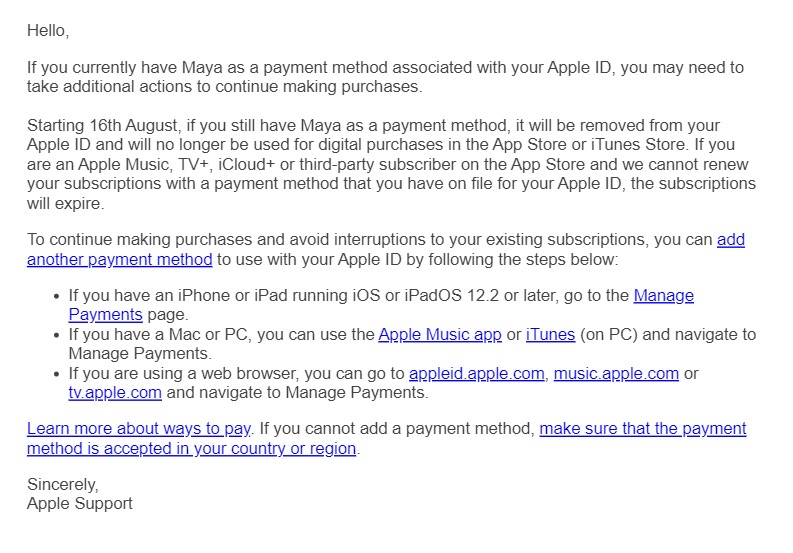 Apple will no longer accept Maya as payment method starting Aug. 16 ...