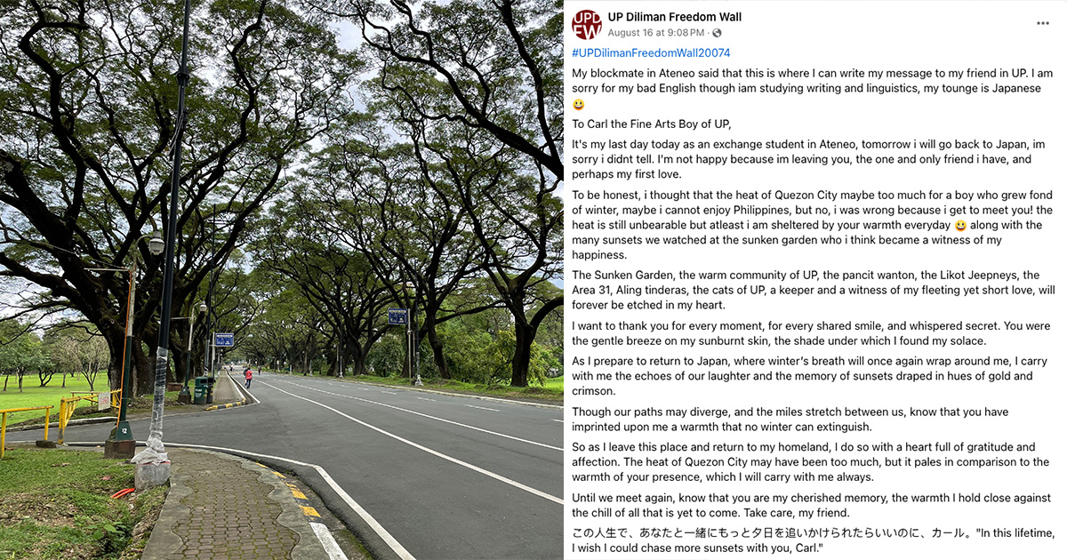 Plot twist: Viral UP Diliman Freedom Wall story on Carl x Japanese boy ...