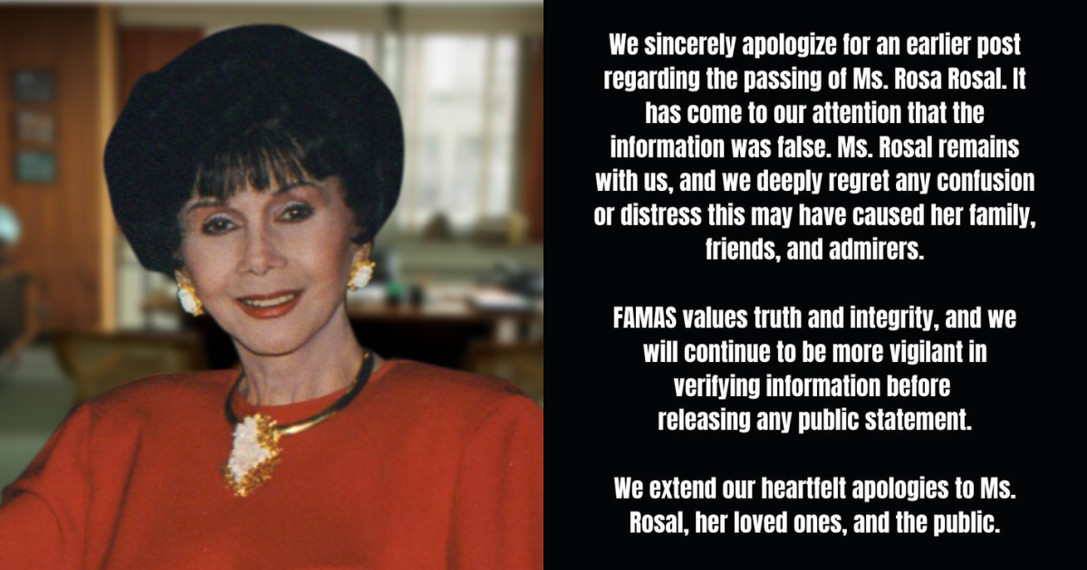 FAMAS apologizes after mistakenly announcing Rosa Rosal's passing ...