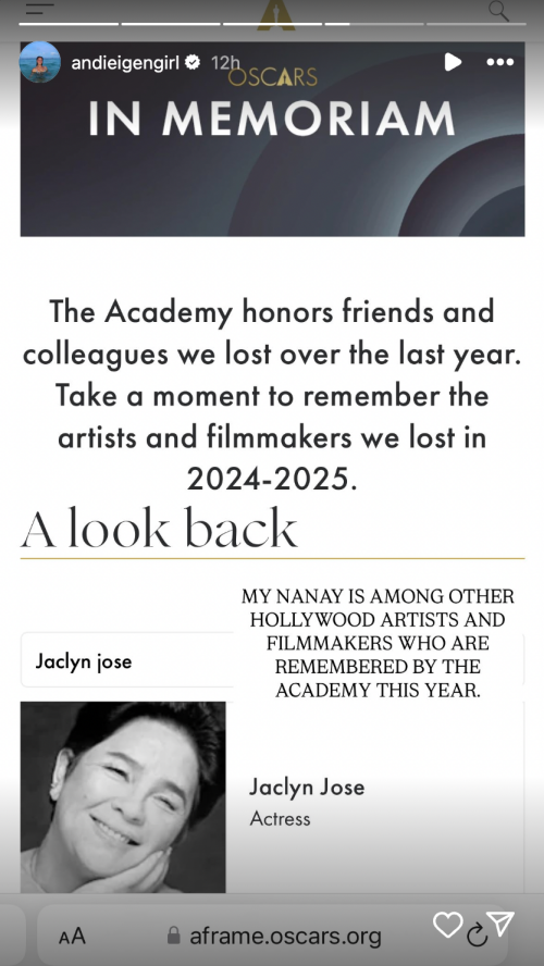 Jaclyn Jose included in 2025 Academy Awards' 'In Memoriam' section ...