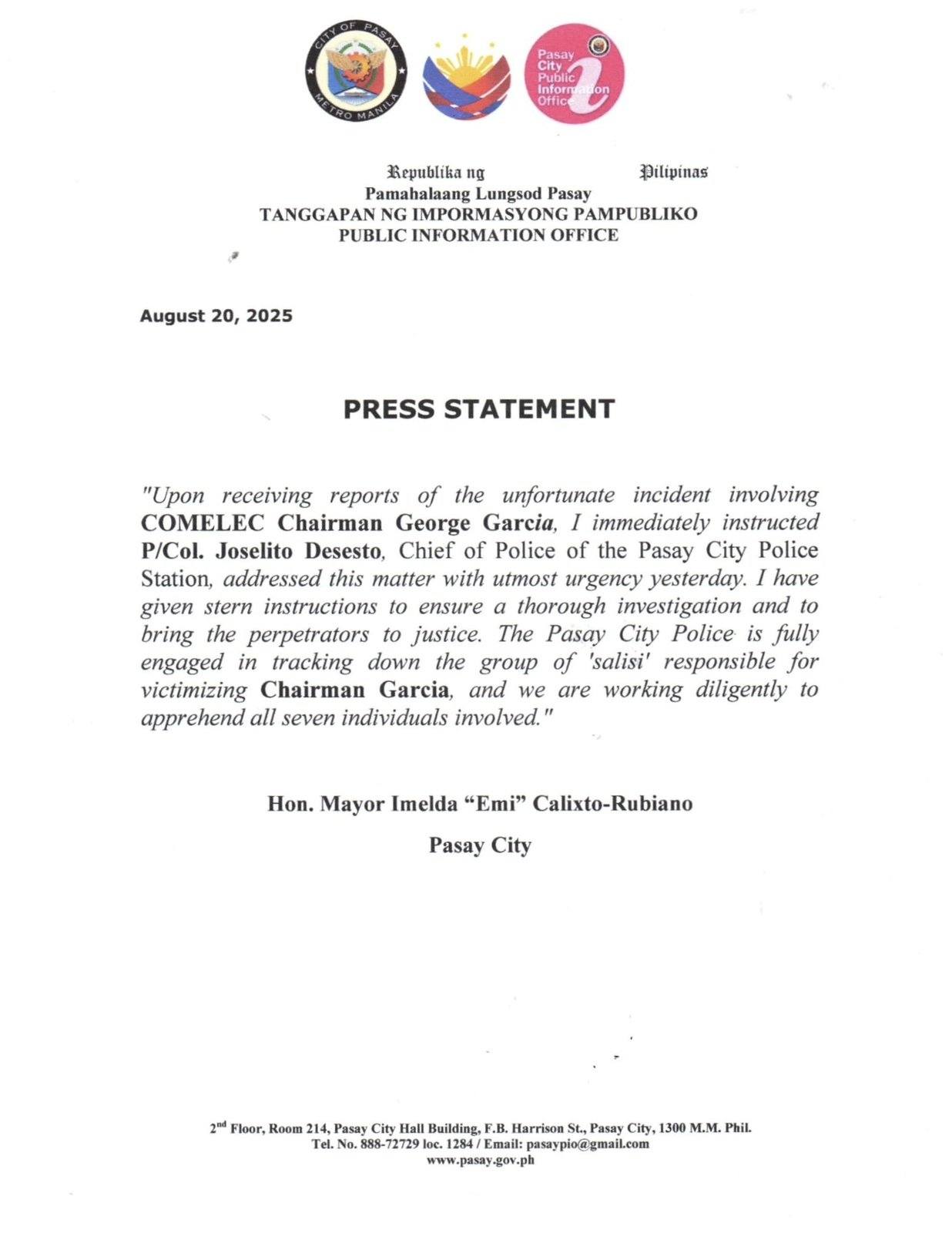 Pasay gov't to investigate theft of COMELEC Chairman George Garcia's ...